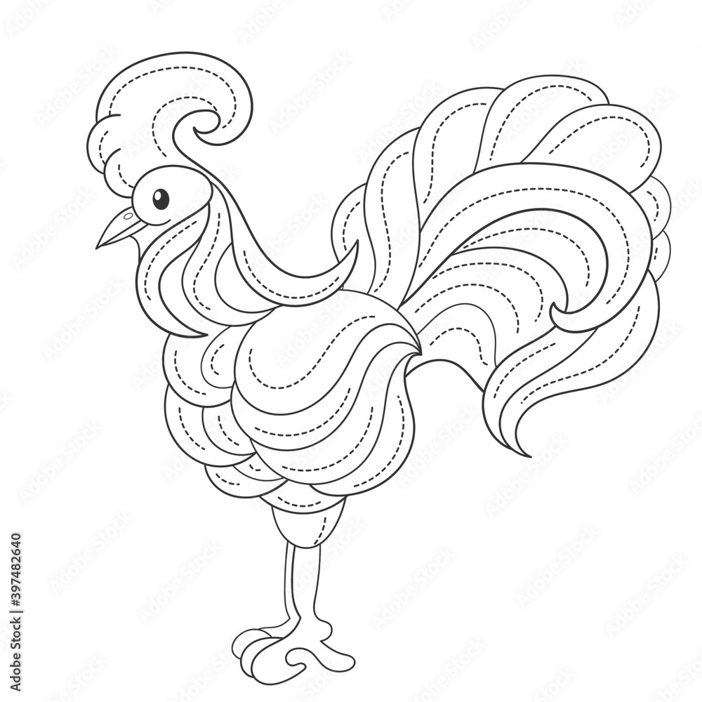 Coloring book page for kids with cute cartoon rooster. Vector ...