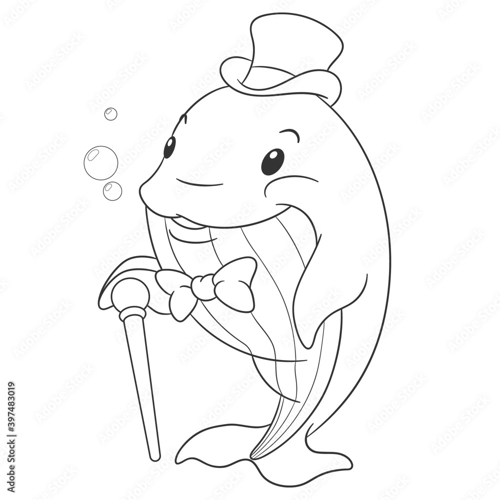 Coloring book page for kids with cute cartoon whale. Vector ...