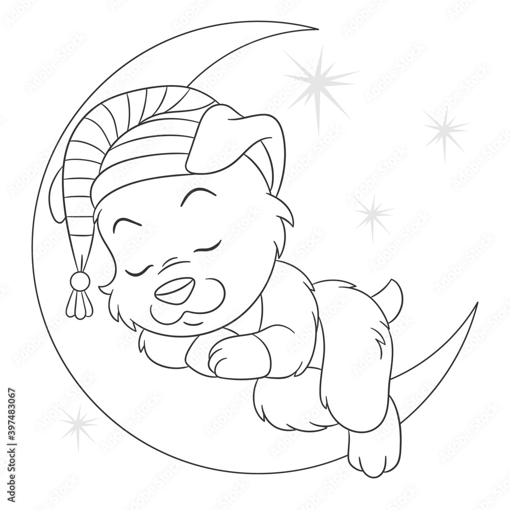 Coloring book page for kids with cute cartoon puppy sleeping on moon ...