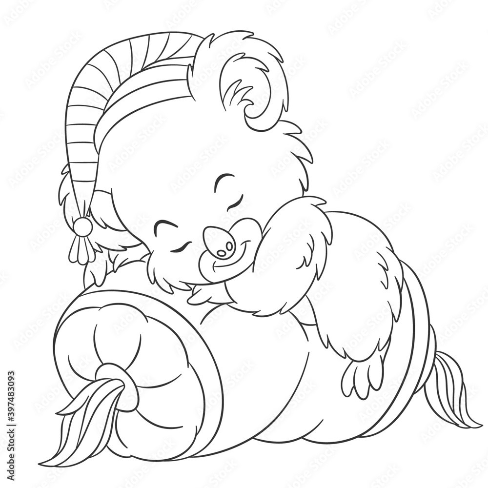 Coloring book page for kids with cute cartoon koala sleeping. Vector ...