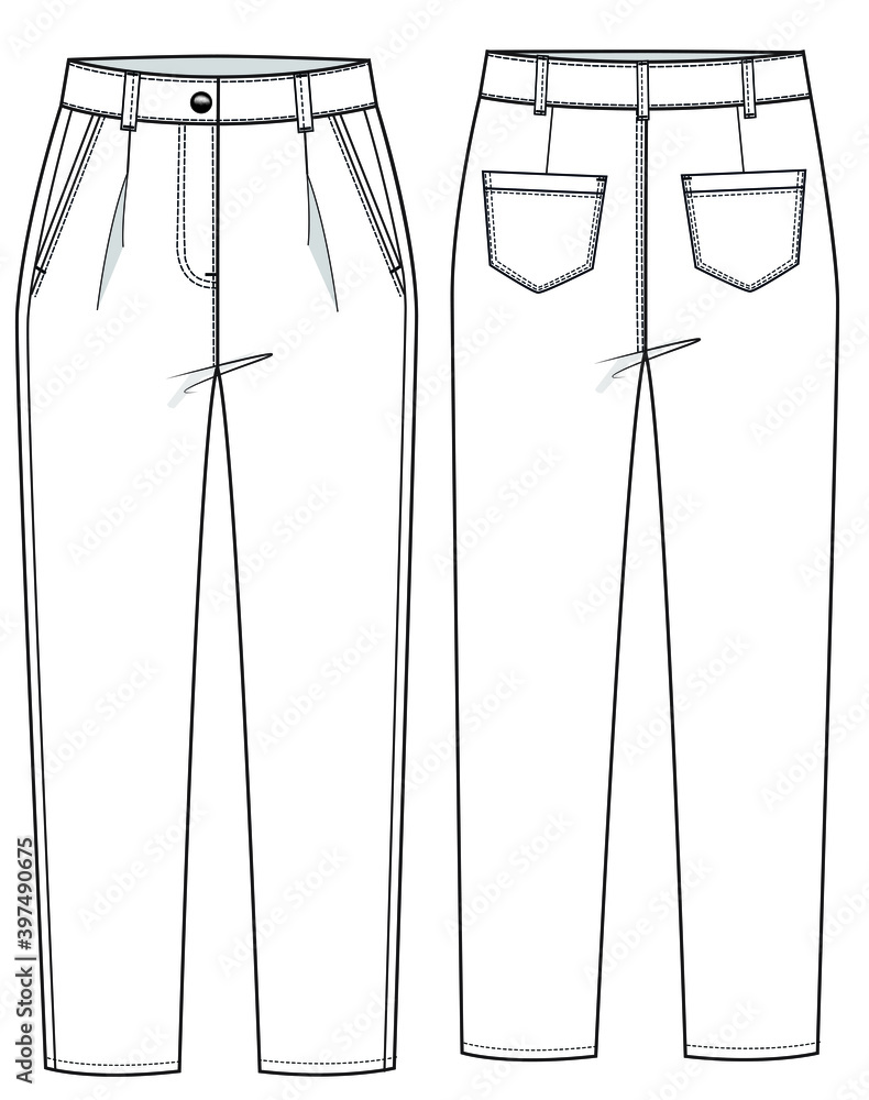 woman fashion design trouser CAD technical flat drawing illustration ...