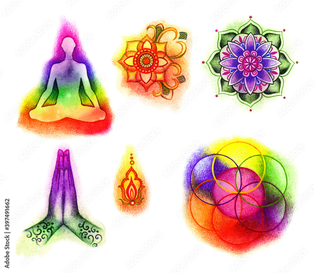 Illustration of watercolor and pencils. Yoga, meditation, chakras ...