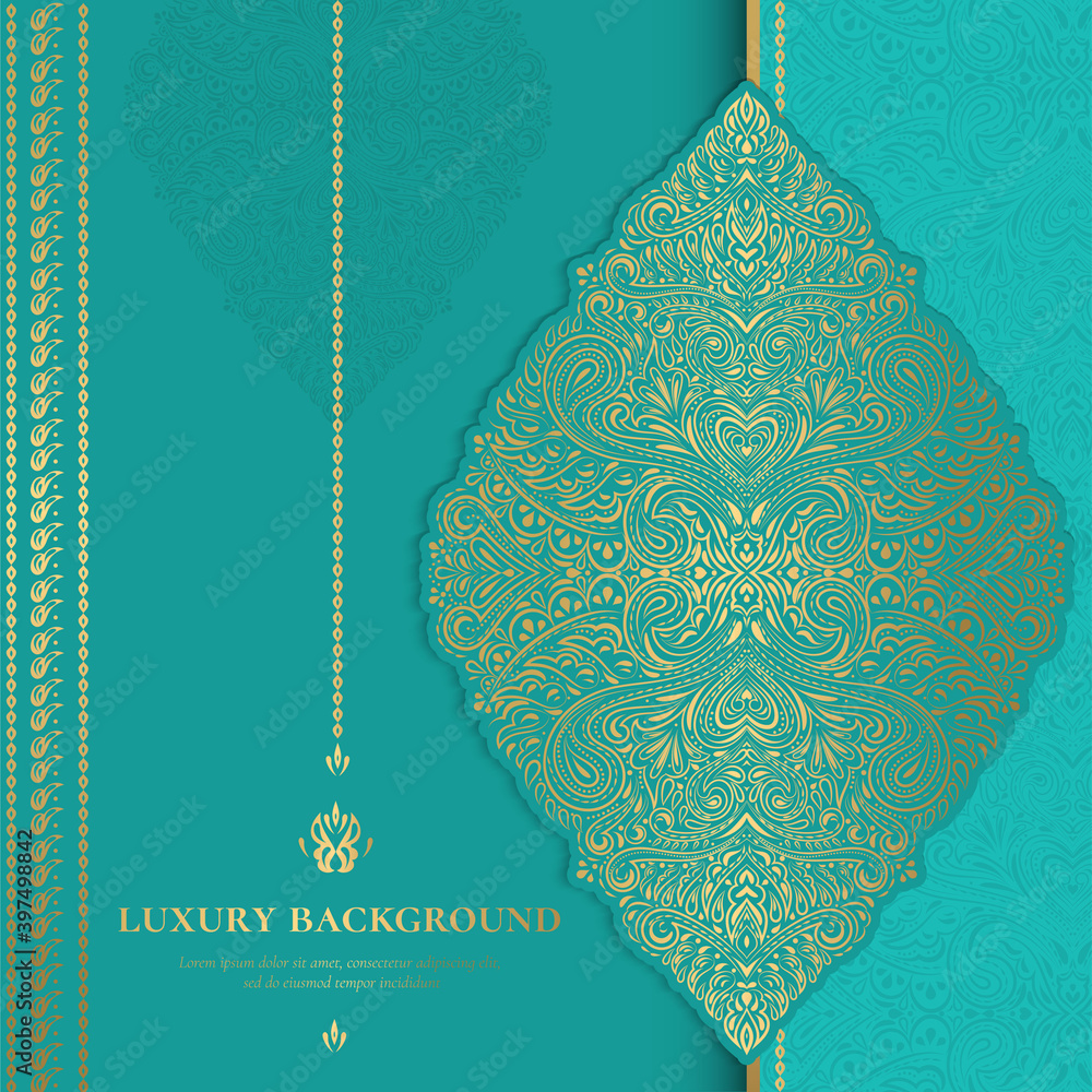 Turquoise and gold Indian background. Luxury pattern template. Vector ...