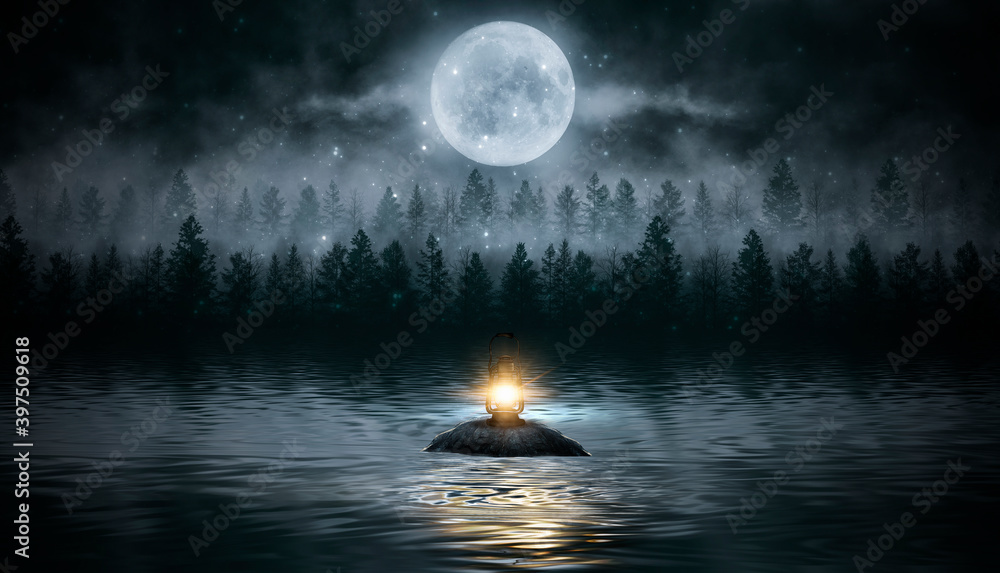 Foggy dark forest. Night view, fog, smog. Wild forest nature, forest ...