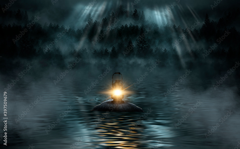 Foggy dark forest. Night view, fog, smog. Wild forest nature, forest ...