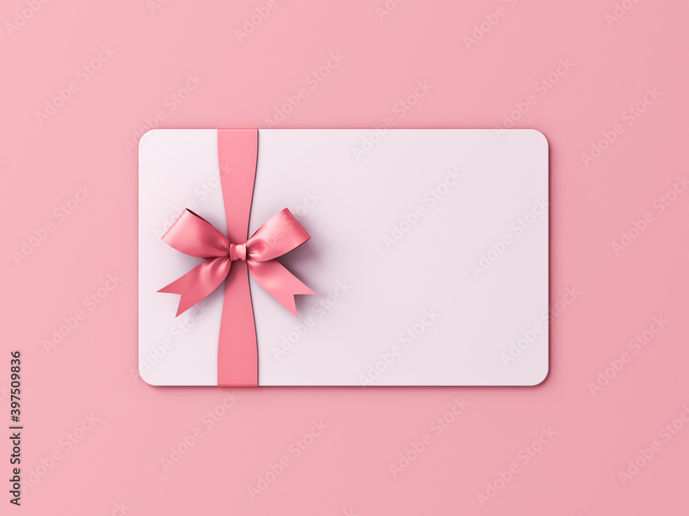 Blank white gift card or gift voucher with pink ribbon bow isolated on ...