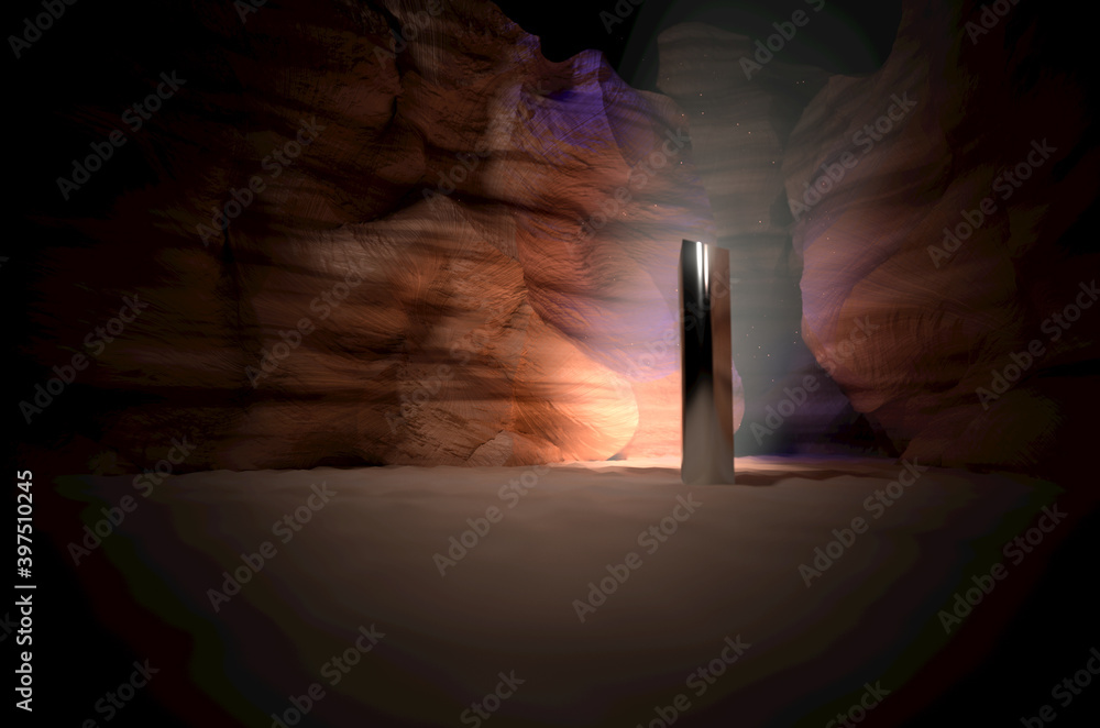 Monolith in Canyon with beam of light breaking through - 3D Render ...