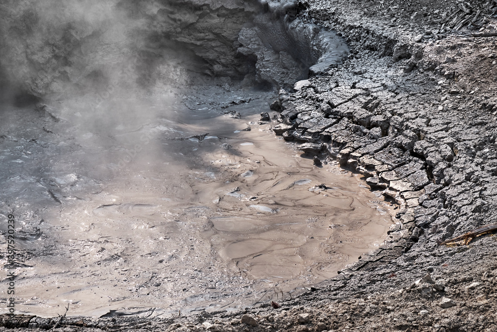 Details of the hot, acidic mud at Yellowstone’s Mud Volcano, bubbling ...
