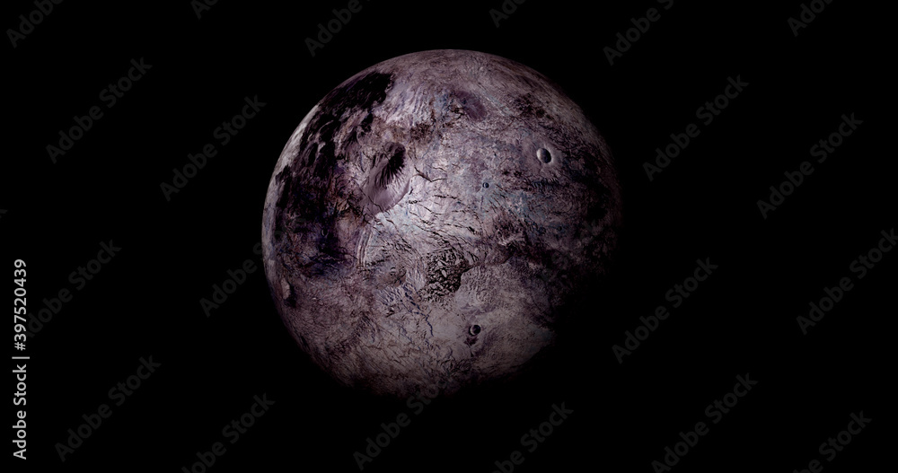 fictional Eris sun rise in dark background. front view of eris planet ...