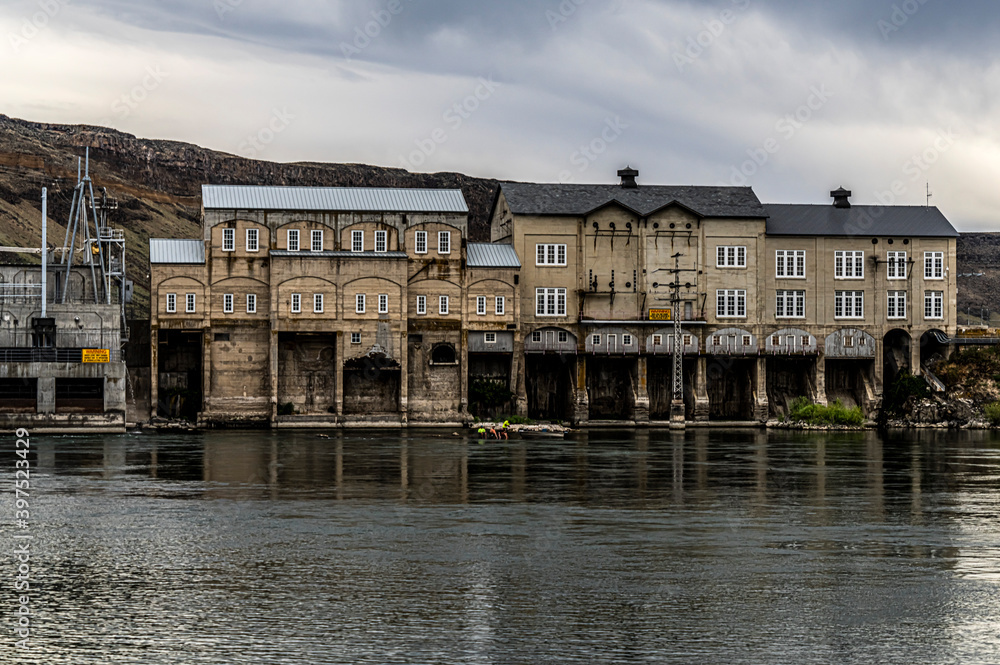 Historic Swan Falls Dam on the Snake River in Idaho near Murphy is a ...