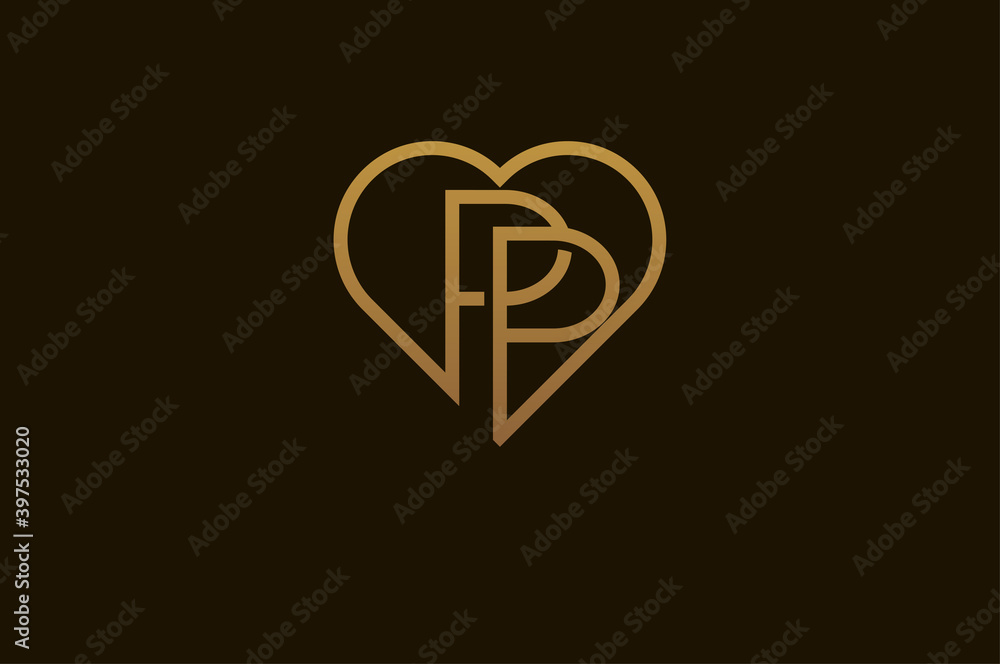 Abstract initials P and P logo, gold colour line style heart and letter ...