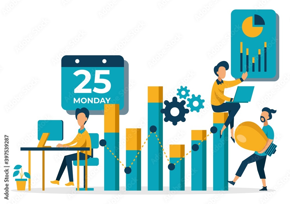 vector illustration. tiny people characters make an online schedule ...