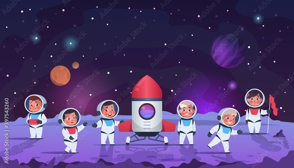 Galaxy kids. Cartoon children in open cosmos. Little astronauts wear ...