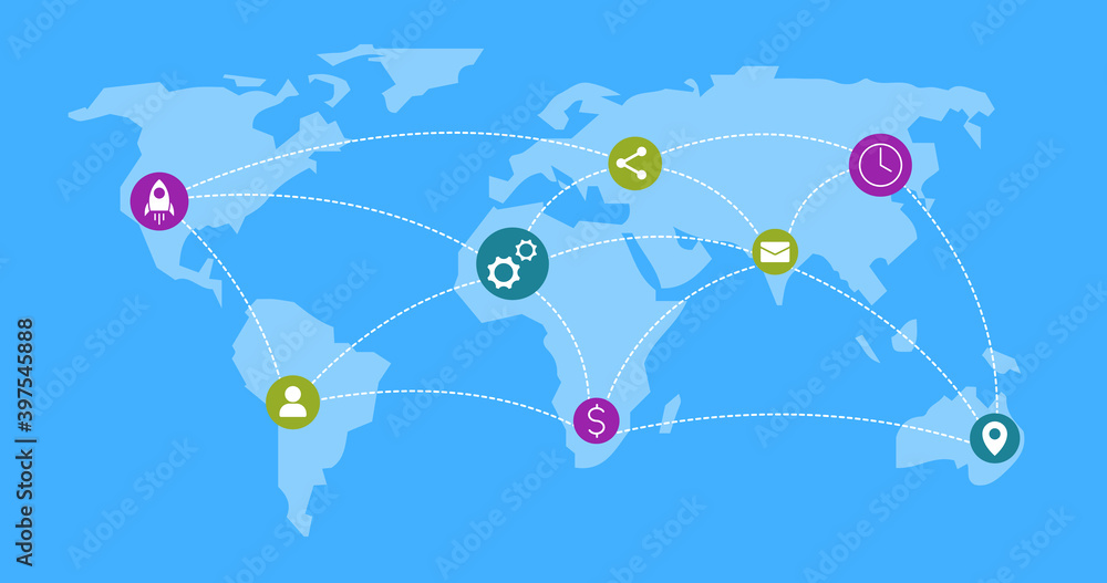 world map blue vector illustration with white pointers all over ...