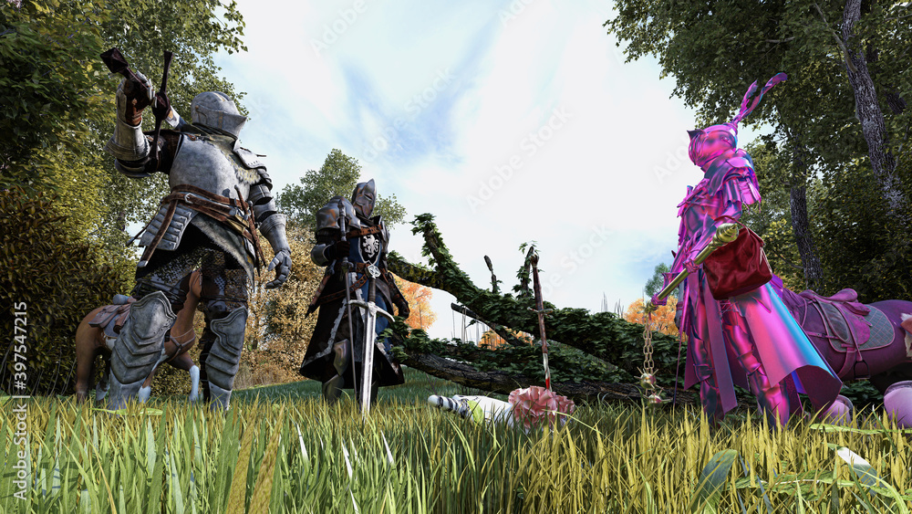 Fantasy landscape, medieval knights with armor in combat gear advance ...