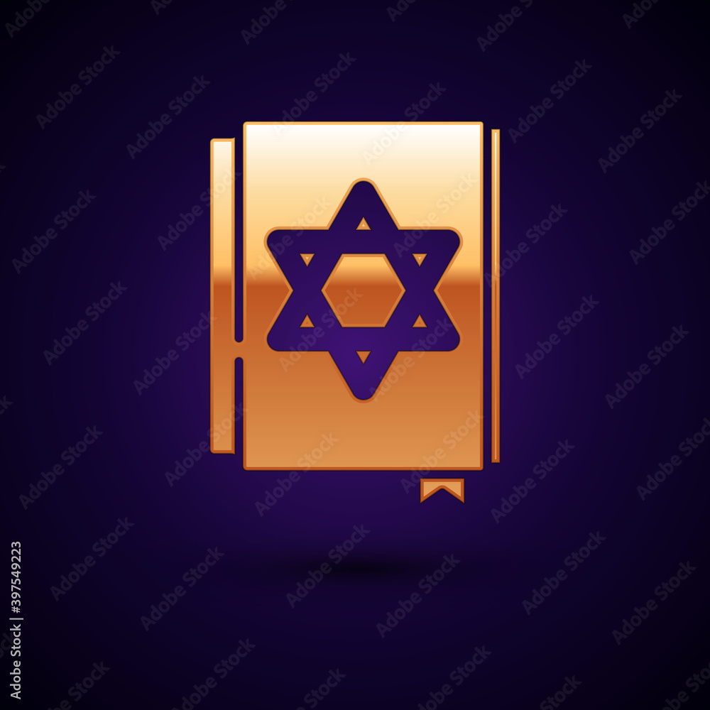 Gold Jewish torah book icon isolated on black background. Pentateuch of ...