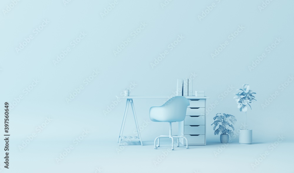 Pastel blue monochrome minimal office table desk. Minimal idea concept ...
