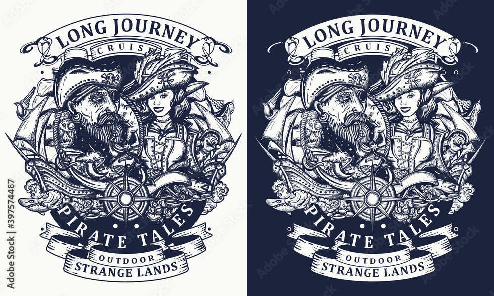 Old sea wolf, pirate girl and ships. Crime sailor woman portrait ...