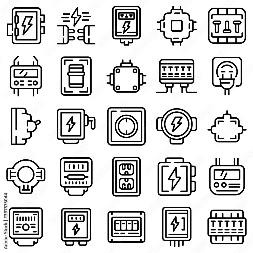 Junction box icons set. Outline set of junction box vector icons for ...
