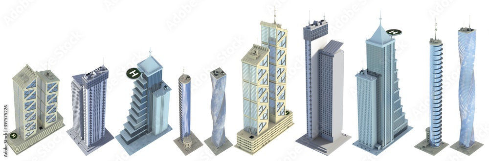 Set of very detailed hi-tech tall buildings with fictional design and ...