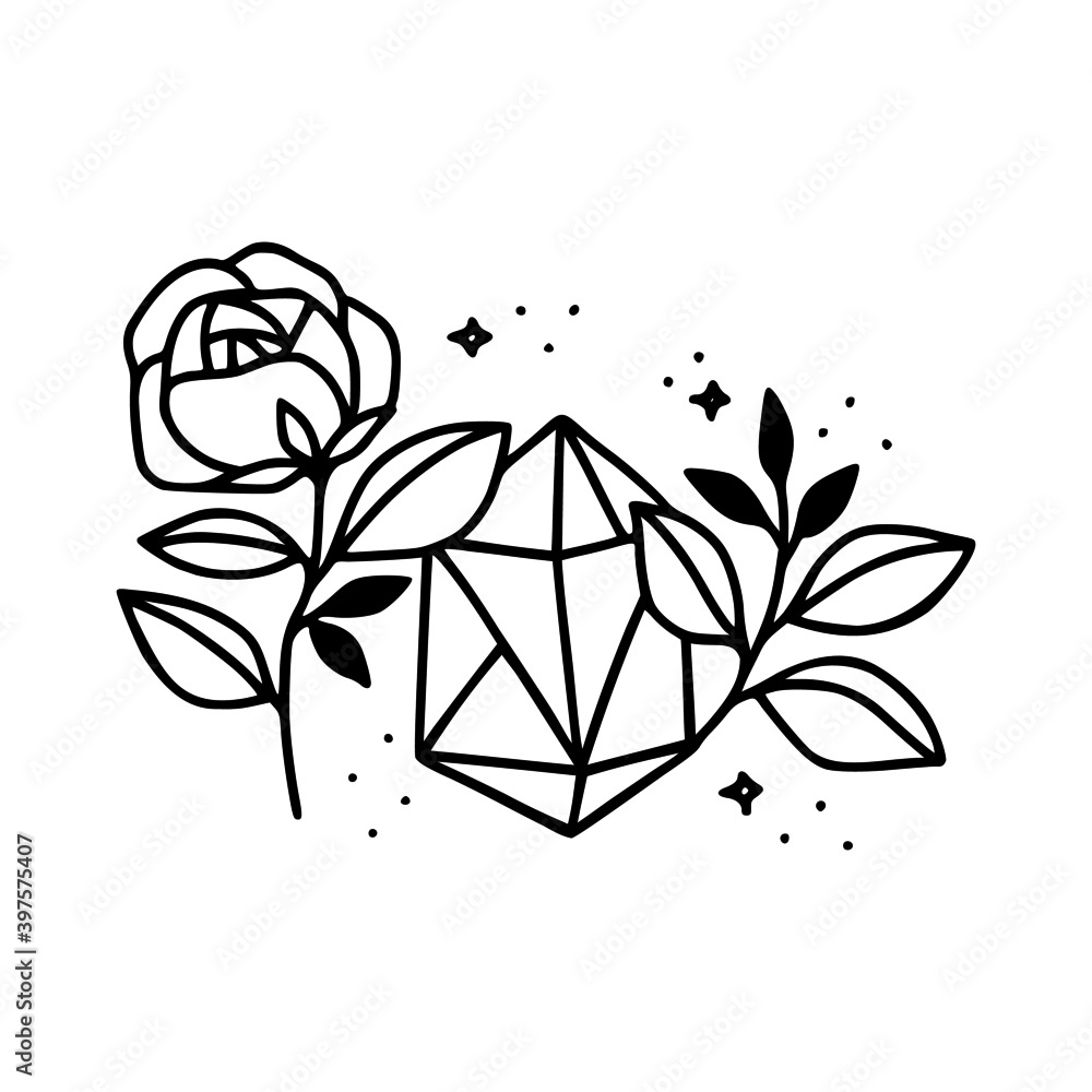 Hand drawn vector feminine logo design line art. Rose flower, crystal ...
