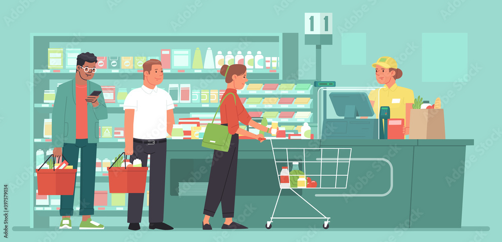 Checkout counter of a grocery supermarket. Customers in line. Queue at ...