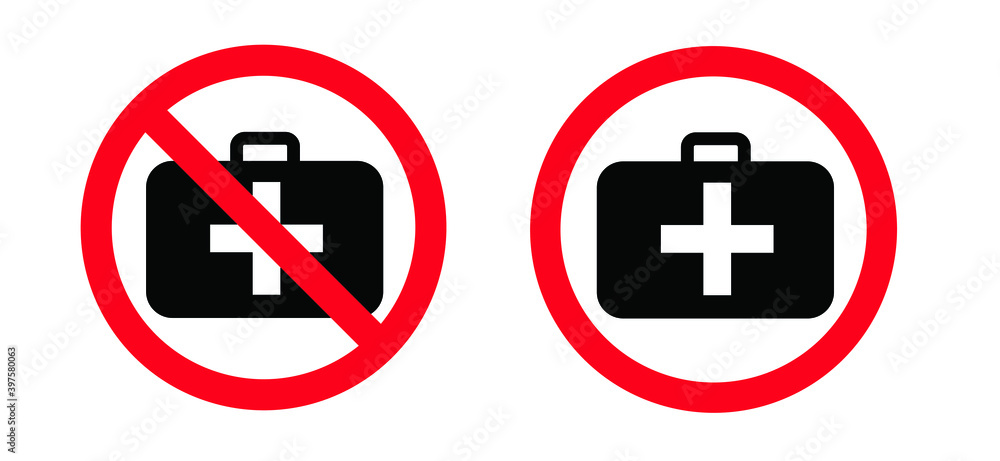 No Emergency defibrillator AED AID CPR location signs. Stop not medic ...