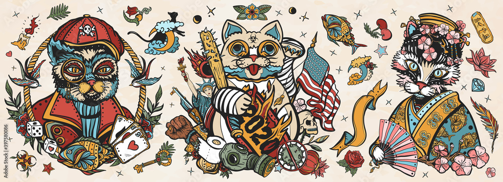 Cats old school tattoo vector collection. Unlucky lucky cat, symbol ...
