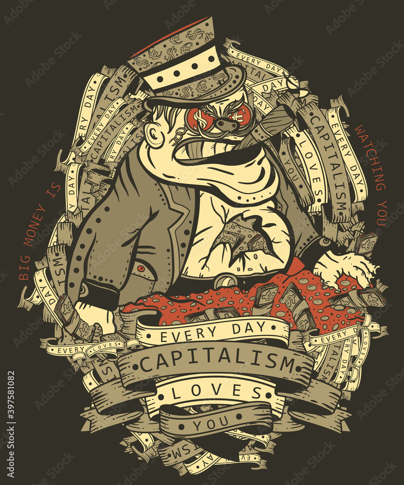 Capitalism art. Caricature. Corruption and bureaucracy. T-shirt design ...