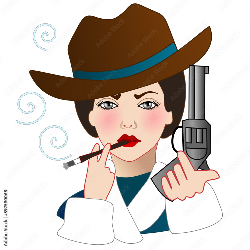 Vetor de emoji with a smoking cowboy woman tipping her hat with a gun ...