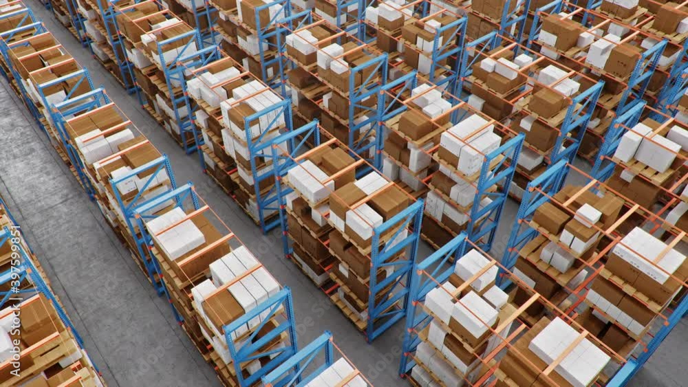 Warehouse with cardboard boxes inside on pallets racks, logistic center ...