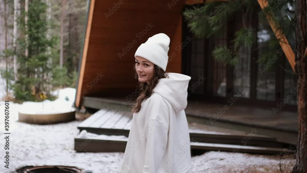 Beautiful smiling confident young woman with a beautiful face walking ...