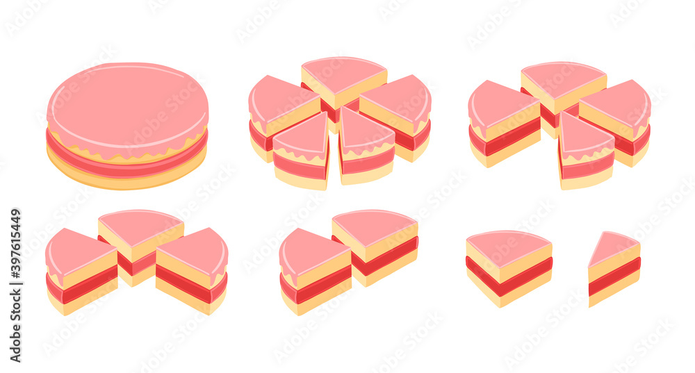 Pieces of pink cake infographic set. The whole cake and its parts. Red ...