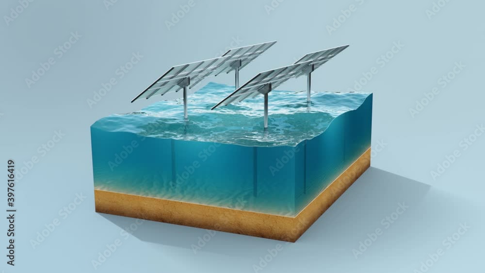 Solar panels on surface sea, ocean. Piece of land, sea in cross section ...