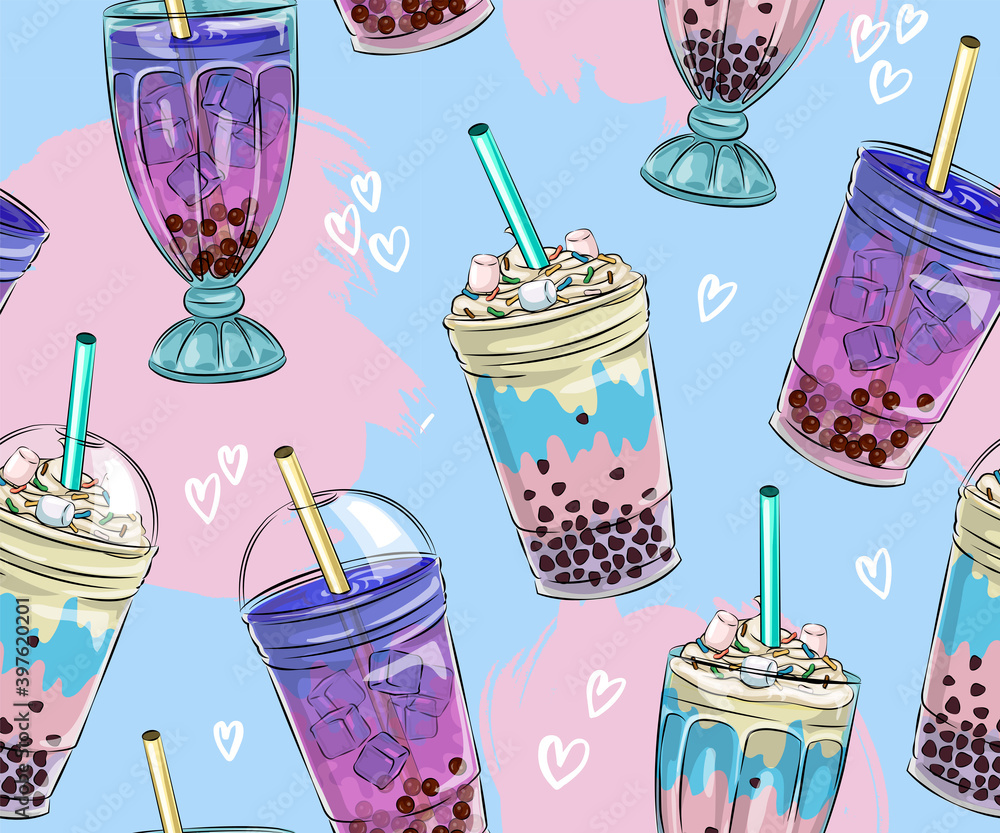 Bubble tea seamless pattern. Popular asian cold drink, pearl milk tea ...