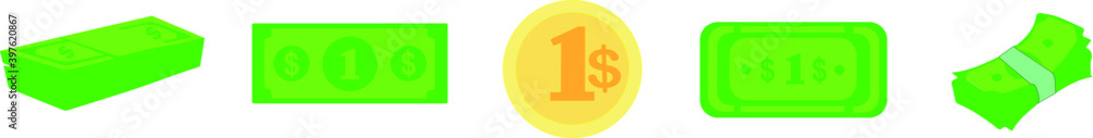 Green cash and a gold coin on white background. Green one dollar bill ...