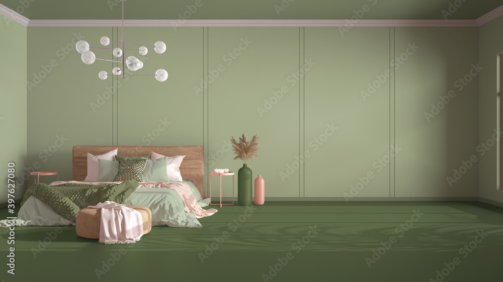 Classic green background with copy space: empty bedroom, double bed ...
