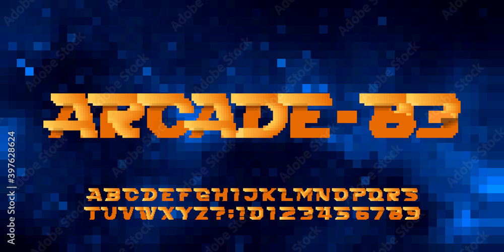 Vecteur Stock Arcade-83 alphabet font. Pixel letters, numbers and ...