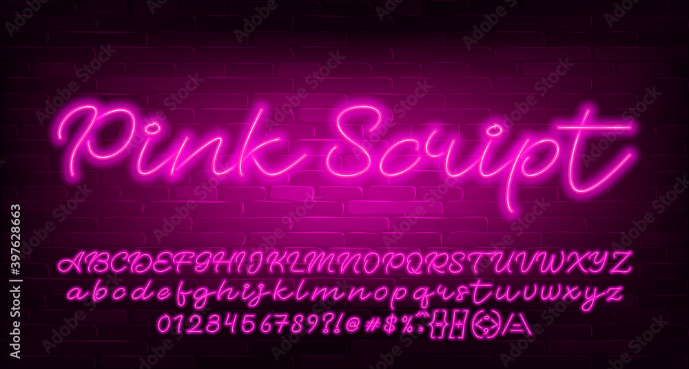 Pink Script alphabet font. Pink neon light letters, numbers and symbols ...