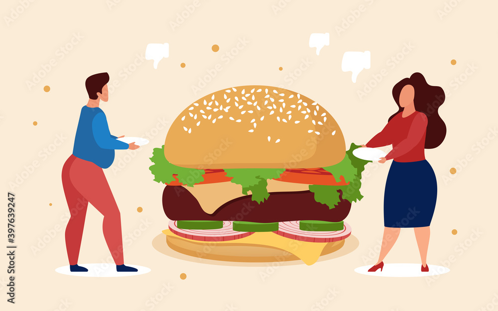 Fast food concept vector illustration. Cartoon fat people holding ...
