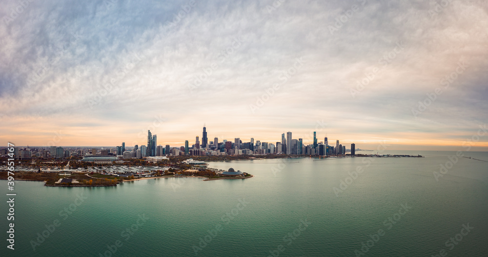Wide angle Chicago city skyline aerial panorama with Northerly Island ...