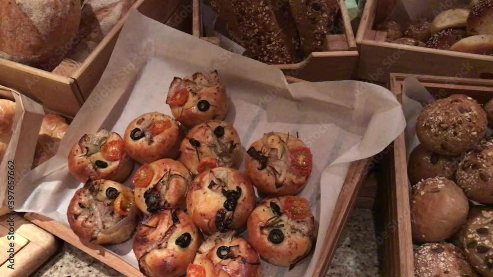 Bread selections on display at a hotel buffet. Stock ビデオ | Adobe Stock