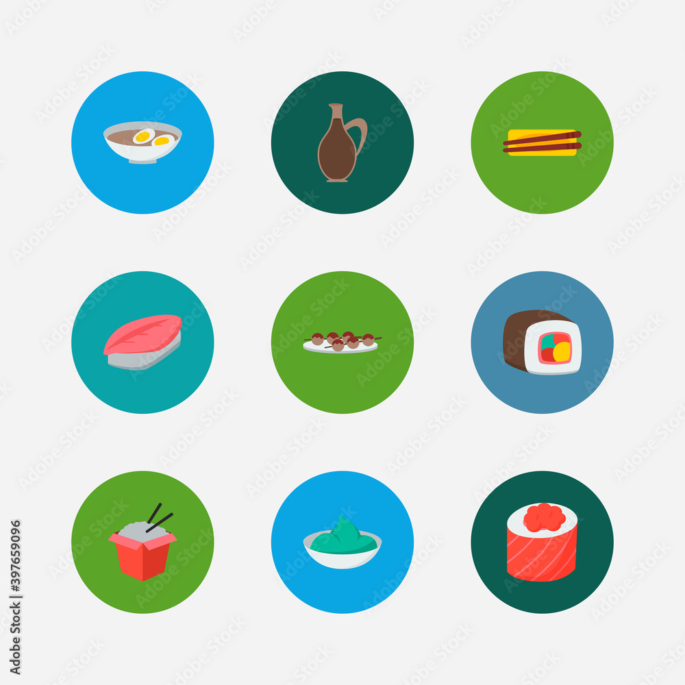 Food icons set. Saba nigiri and food icons with sushi roll, chopstick ...