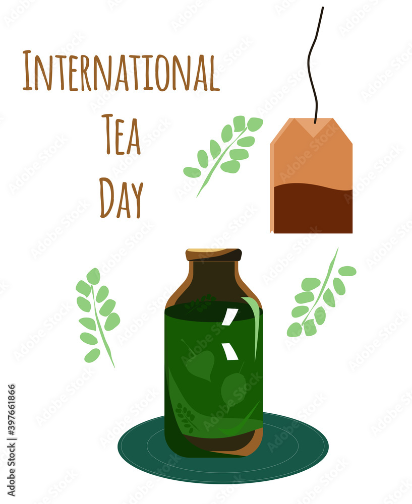 International Tea Day illustration.Green glass vial with herbal ...