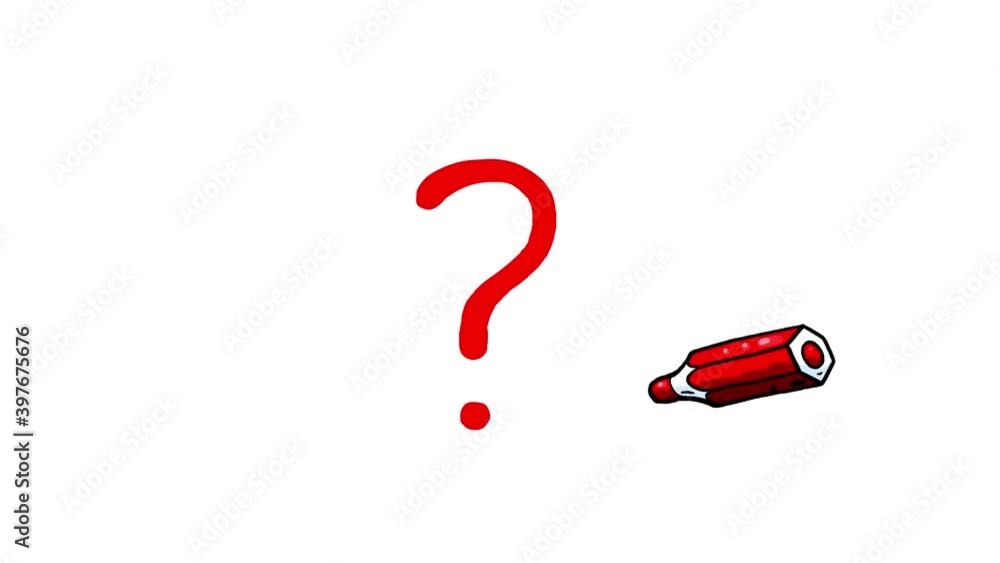 Question mark drawn. Cartoon magic red pencil springs out, draws. Alpha ...