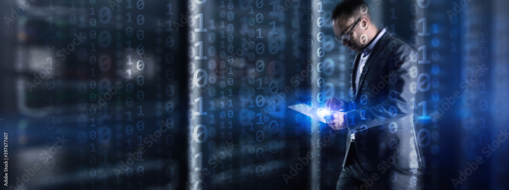 Big data statistics and business analytics concept. Binary code Information on virtual screen ...