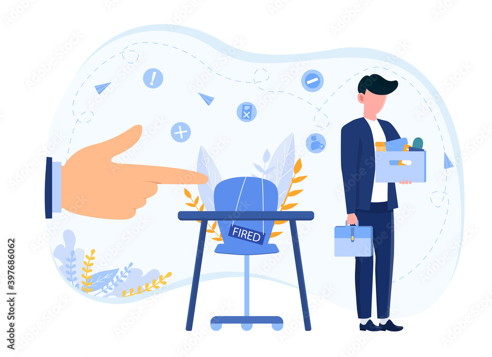 Caucasian employee kicked out of work. Concept of people taking ...