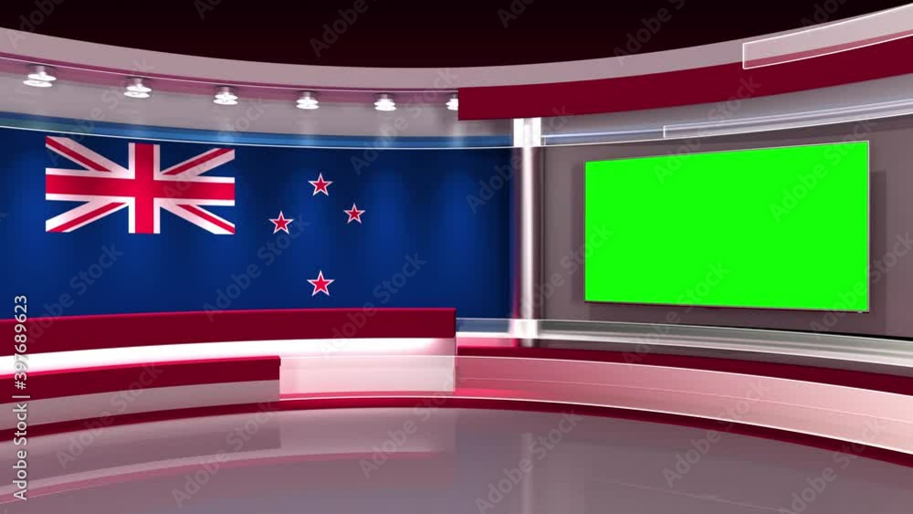 TV studio. New Zealand. New Zealand flag studio. New Zealand flag background. News studio. The ...