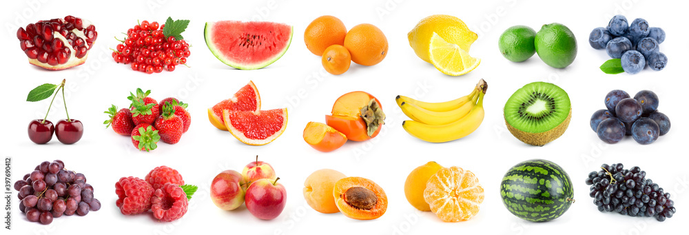 Collection of color fruits on white background. Fresh food Stock Photo ...