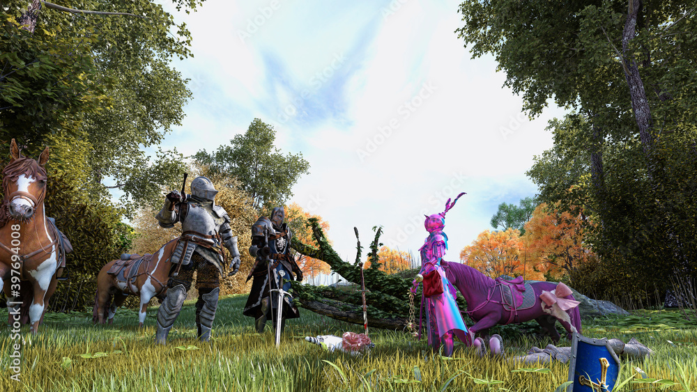 Fantasy landscape, medieval knights with armor in combat gear advance ...